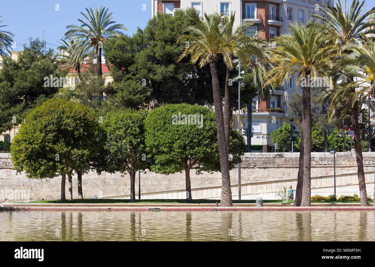 A fountain and some trees in Jardin del Turia city park in Valencia ...