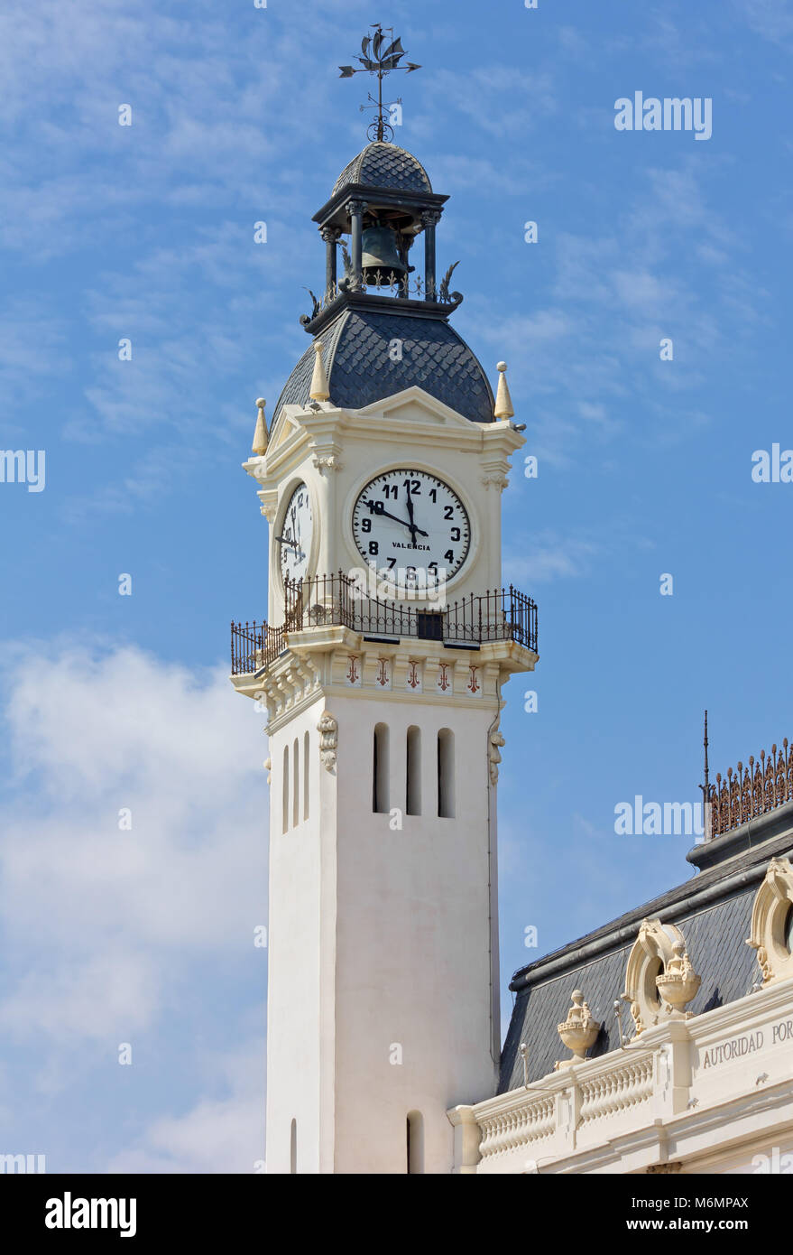 Clock tower of the Port Authority Building in Valencia, Spain Stock ...