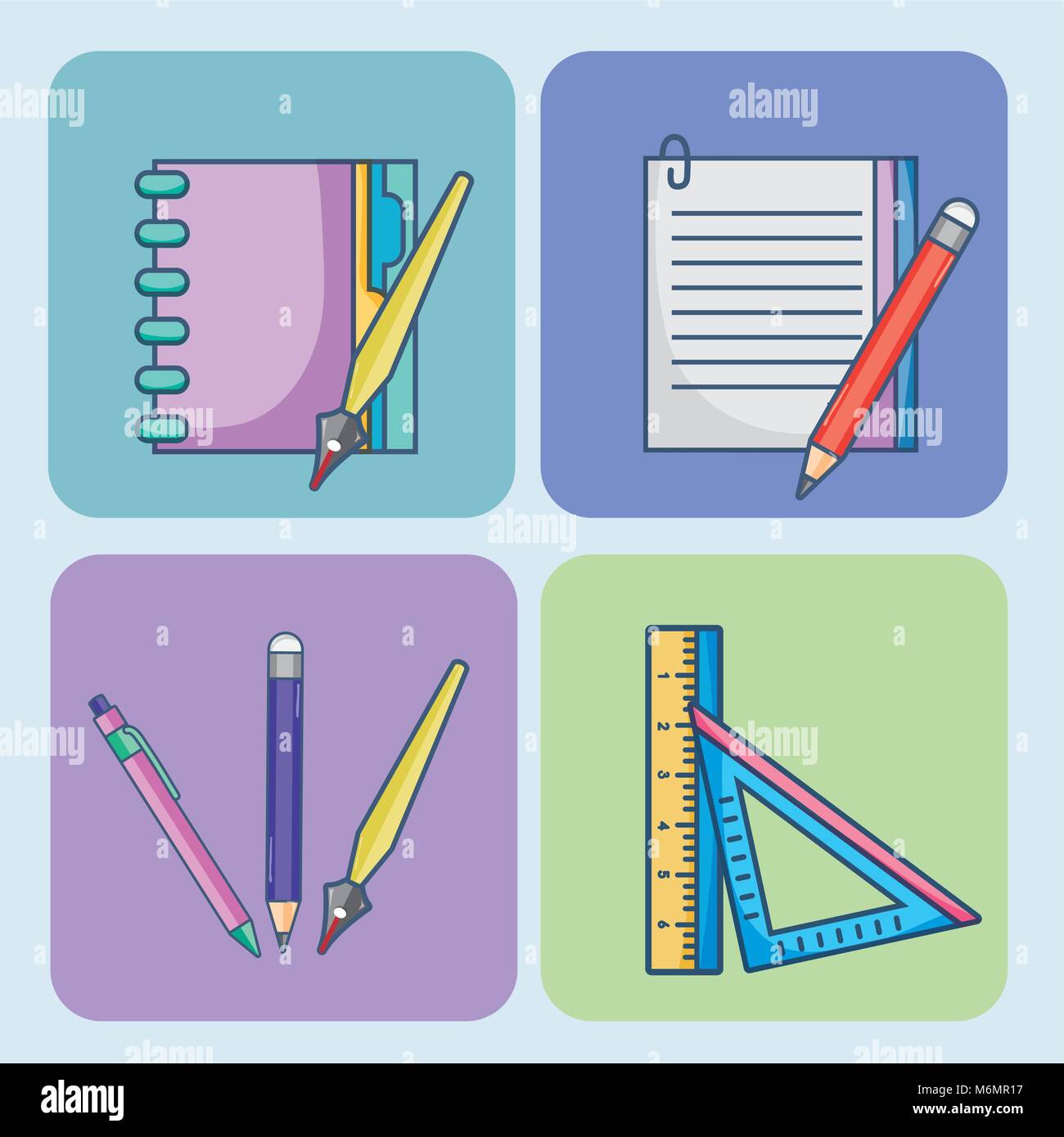 School supplies square colorful cartoons vector illustration graphic ...
