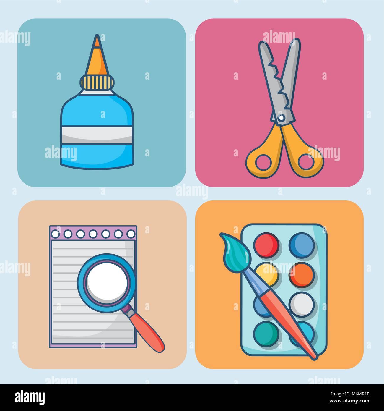 School supplies square colorful cartoons vector illustration graphic ...