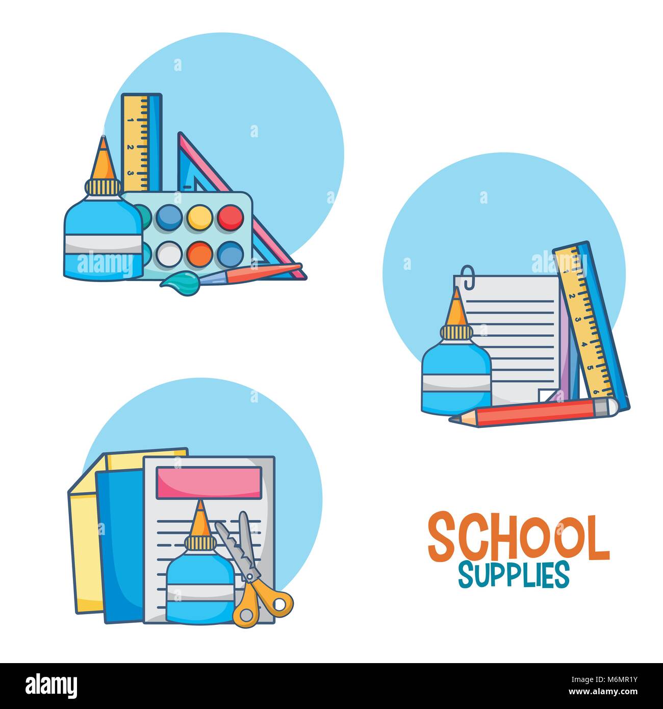 School supplies colorful cartoons vector illustration graphic design ...