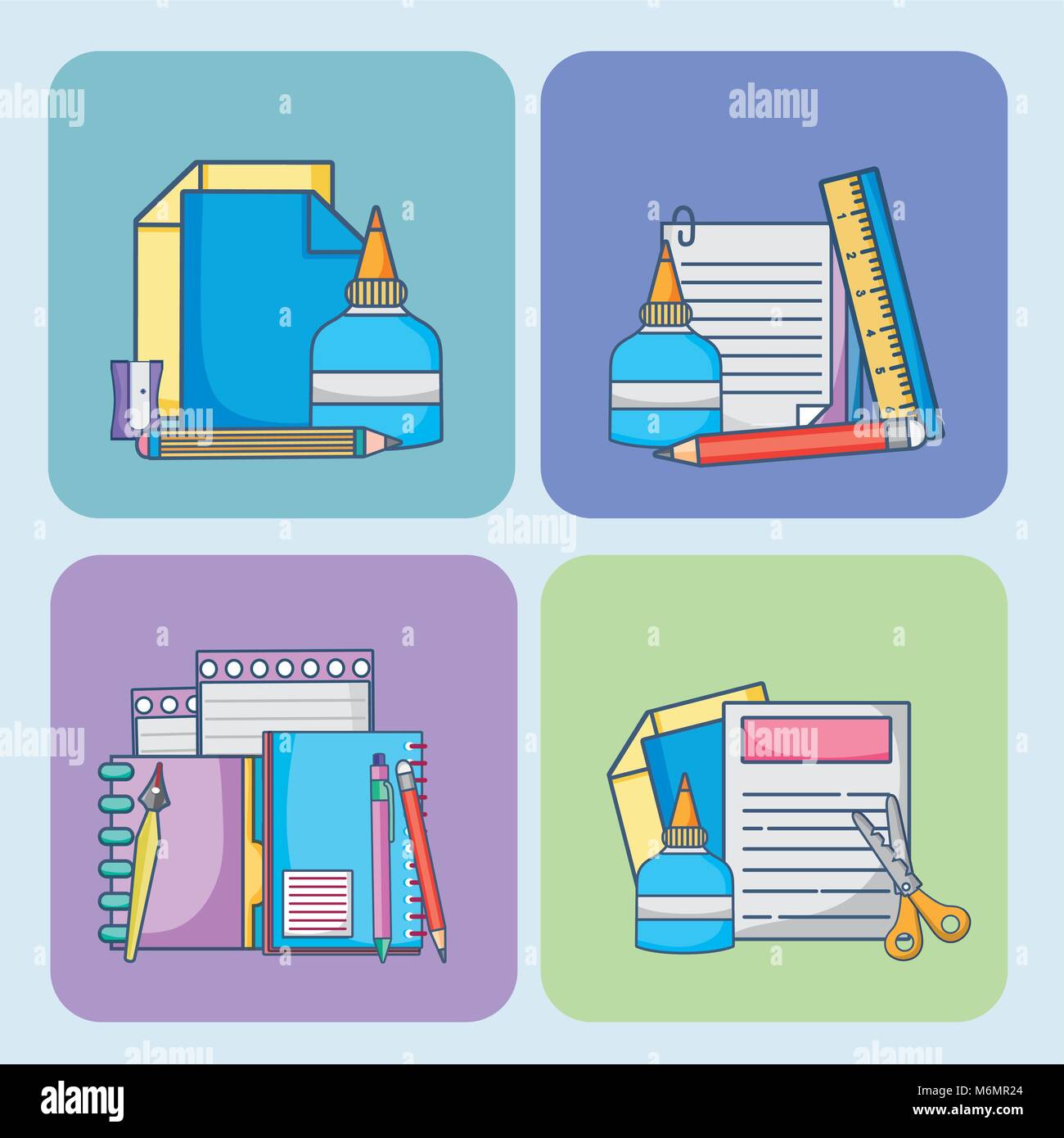 School supplies square colorful cartoons vector illustration graphic ...