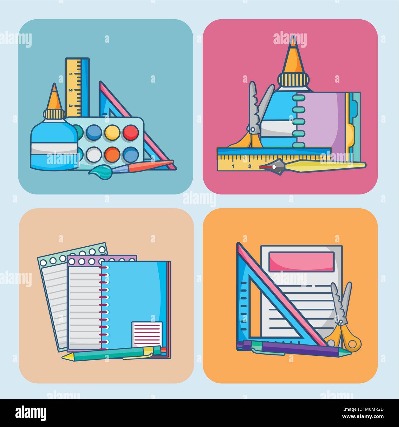 School supplies square colorful cartoons vector illustration graphic ...
