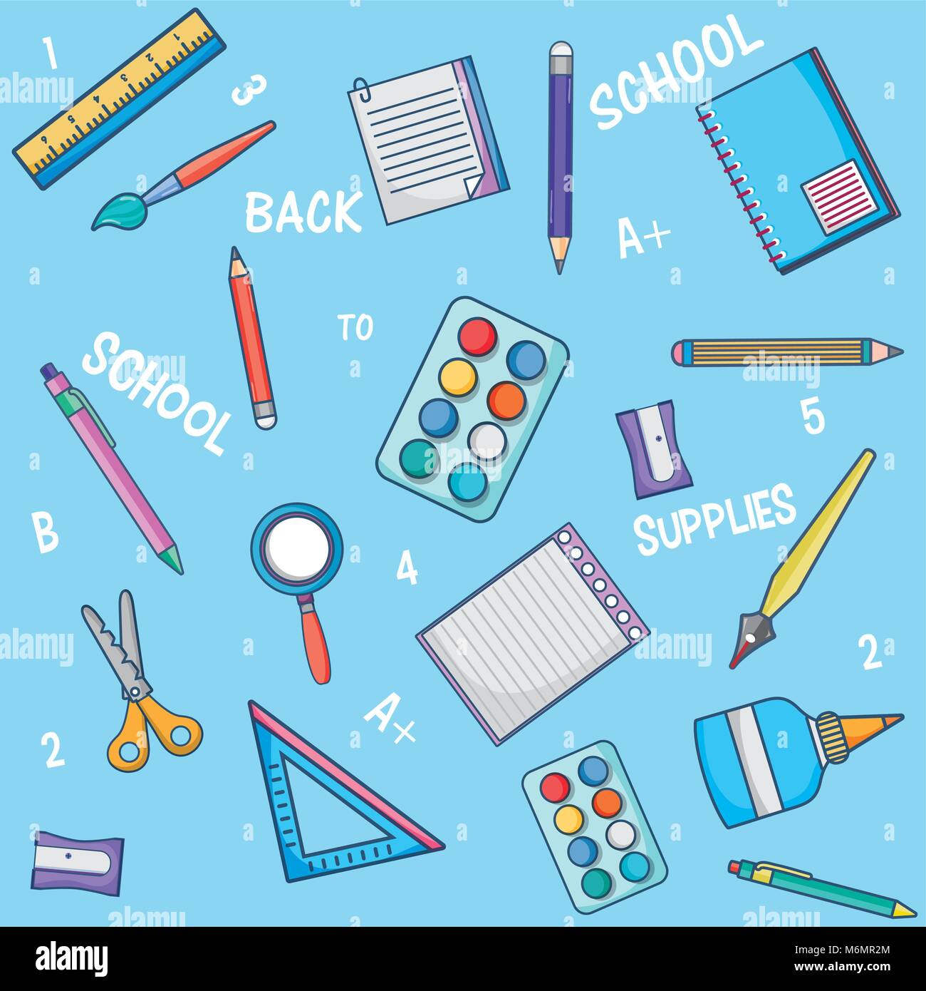 School supplies colorful cartoons vector illustration graphic design ...