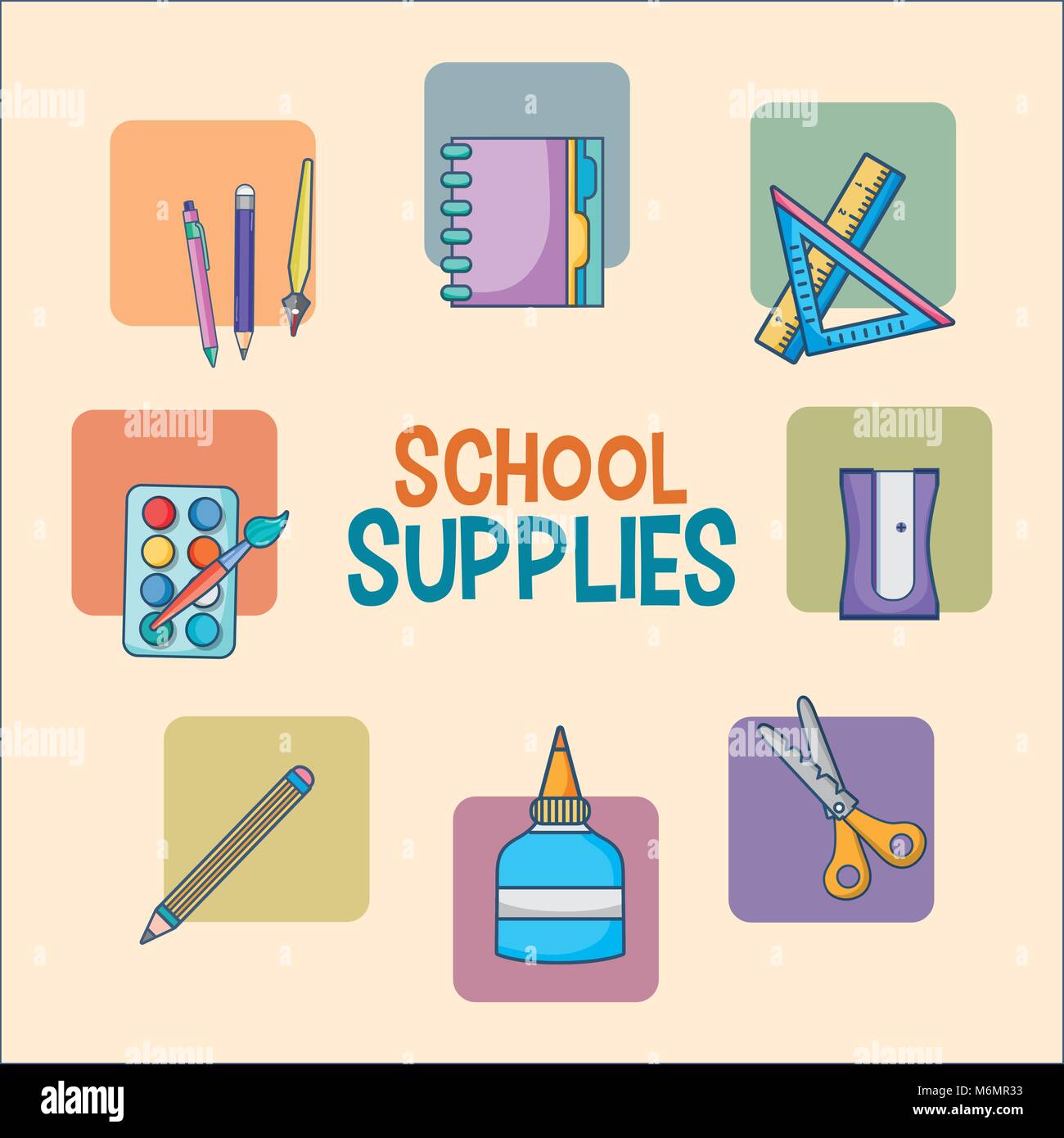 School supplies square colorful cartoons vector illustration graphic ...