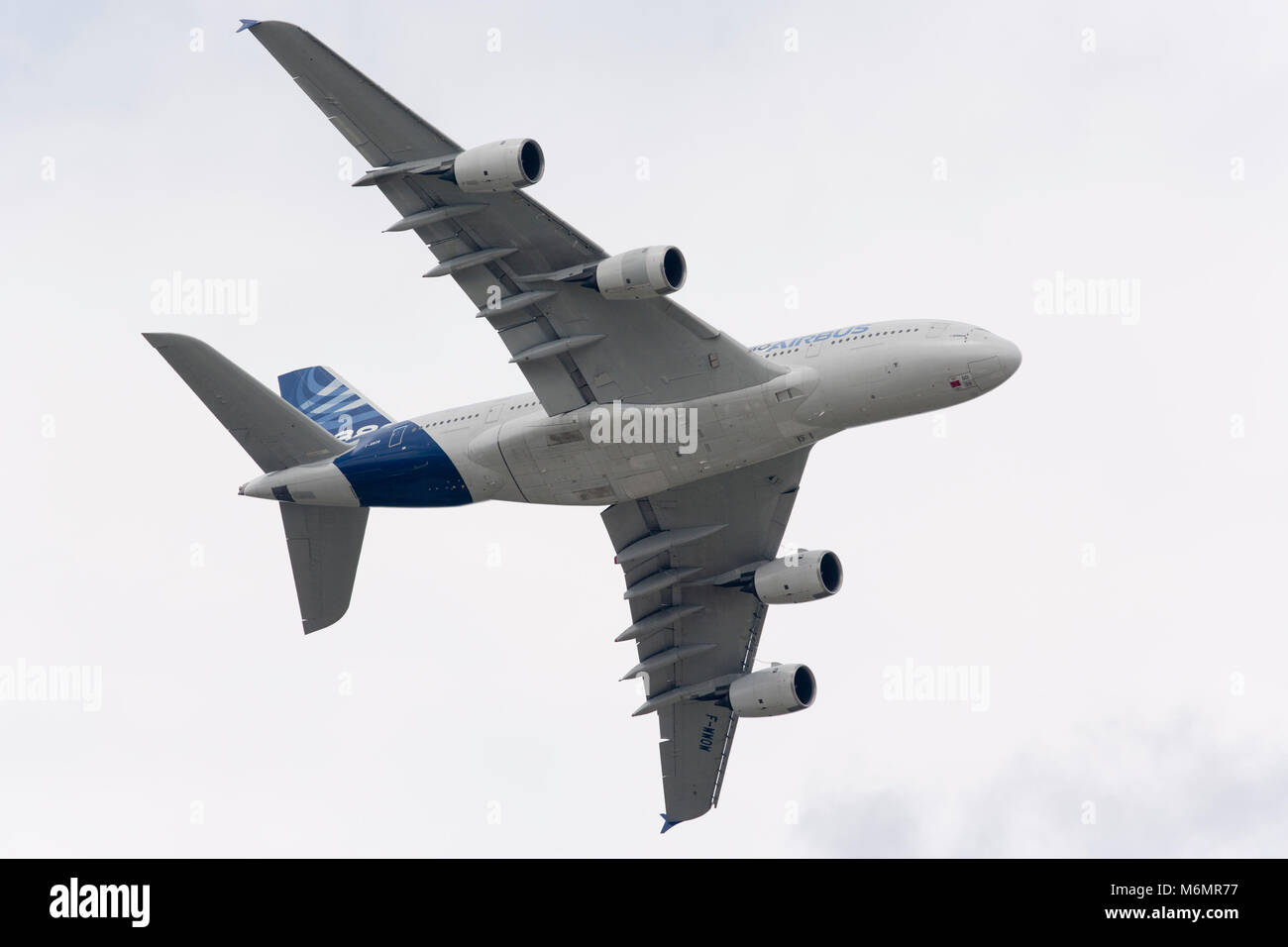 Underside view of Airbus A380 flying at the Farnborough Airshow 2014 ...