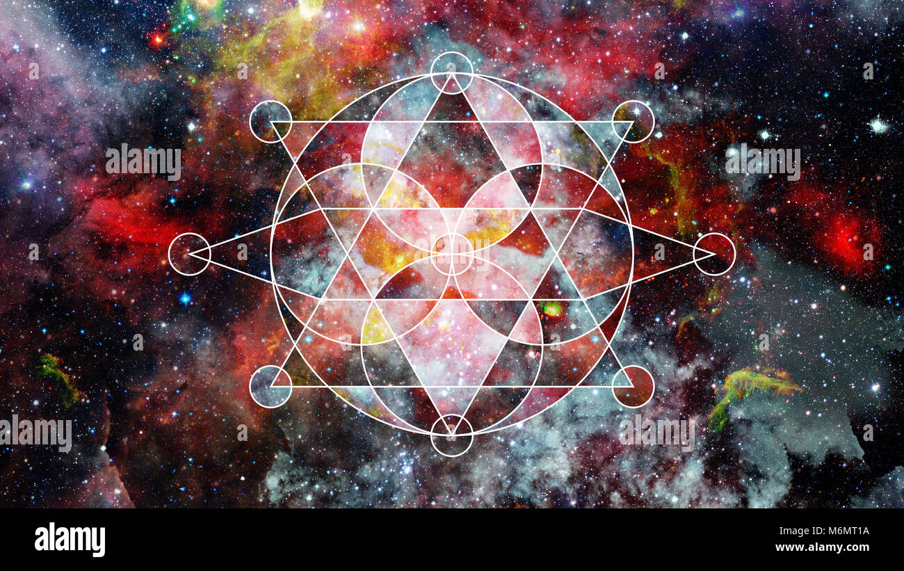 Abstract cosmos geometric background with polygons, triangles, stars ...