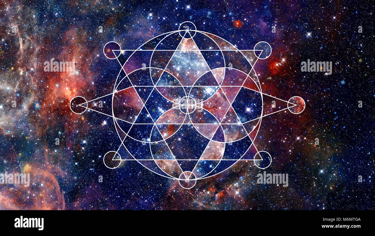 Abstract cosmos geometric background with polygons, triangles, stars ...