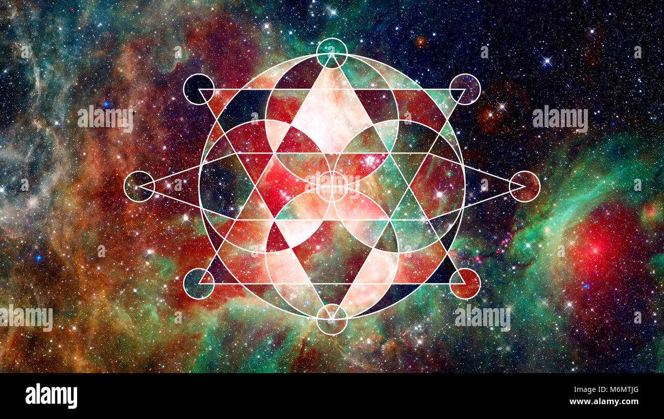 Abstract cosmos geometric background with polygons, triangles, stars ...