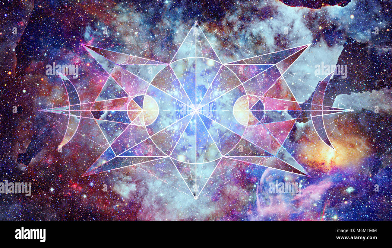 Abstract cosmos geometric background with polygons, triangles, stars ...