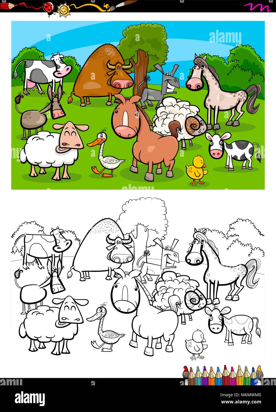 Cartoon Illustration of Cute Farm Animal Characters Group Coloring Book ...