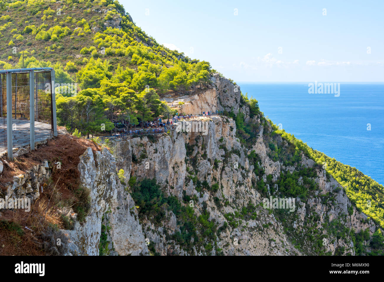 Restaurant on cliff in Porto Schiza on Zakynthos island. Greece Stock ...