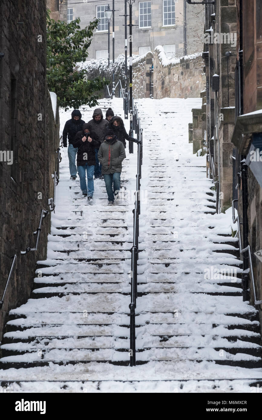 the historic Vennel steps at Grassmarket under snow in Edinburgh Old ...