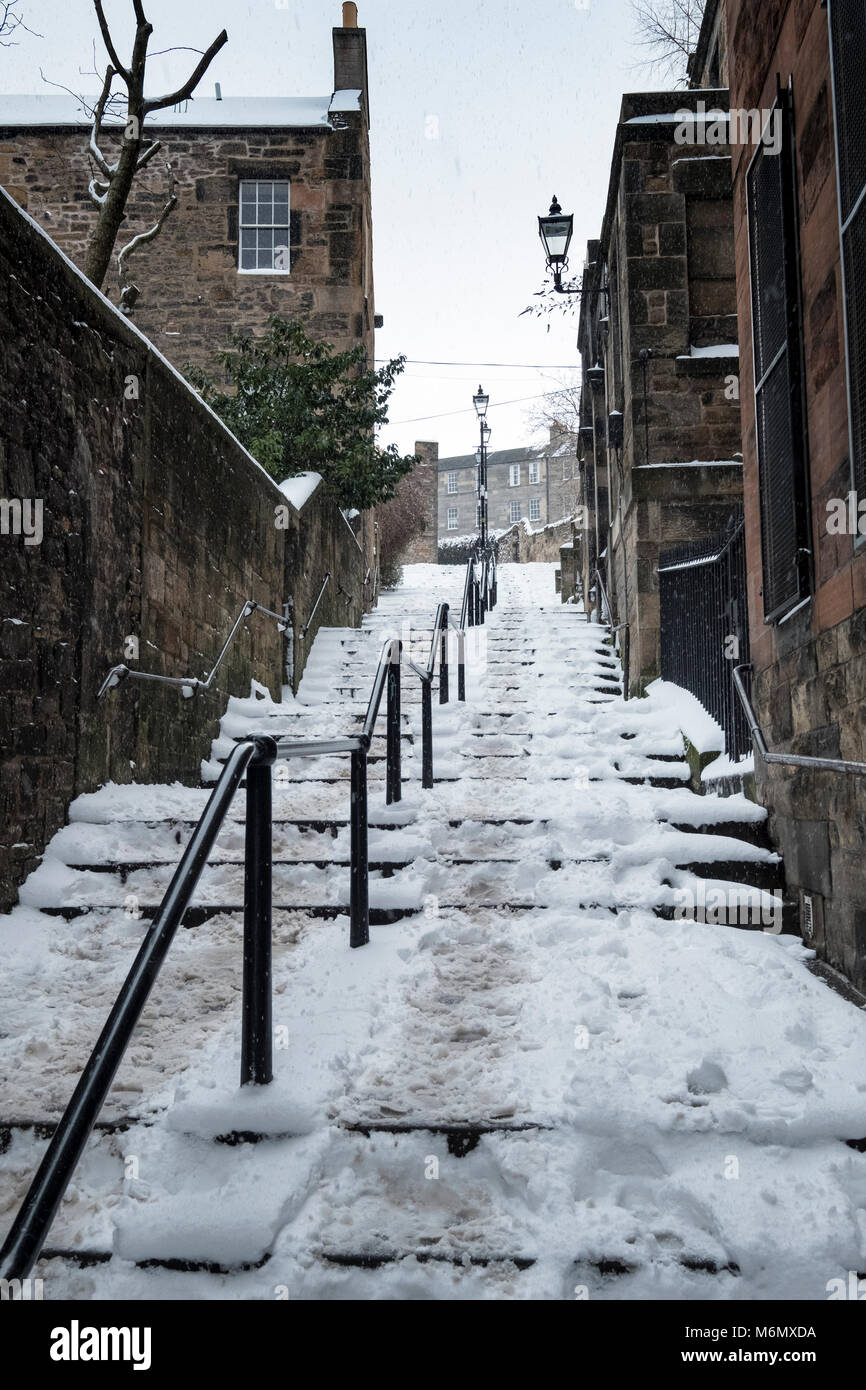 the historic Vennel steps at Grassmarket under snow in Edinburgh Old ...