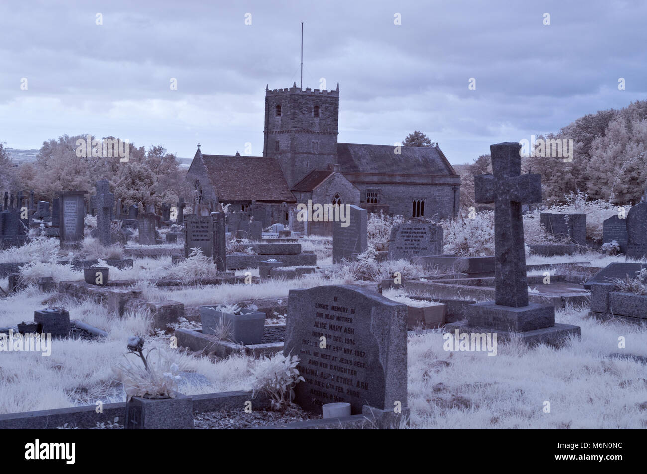 infrared picture of graves and headstones in the churchyard cemetery of ...