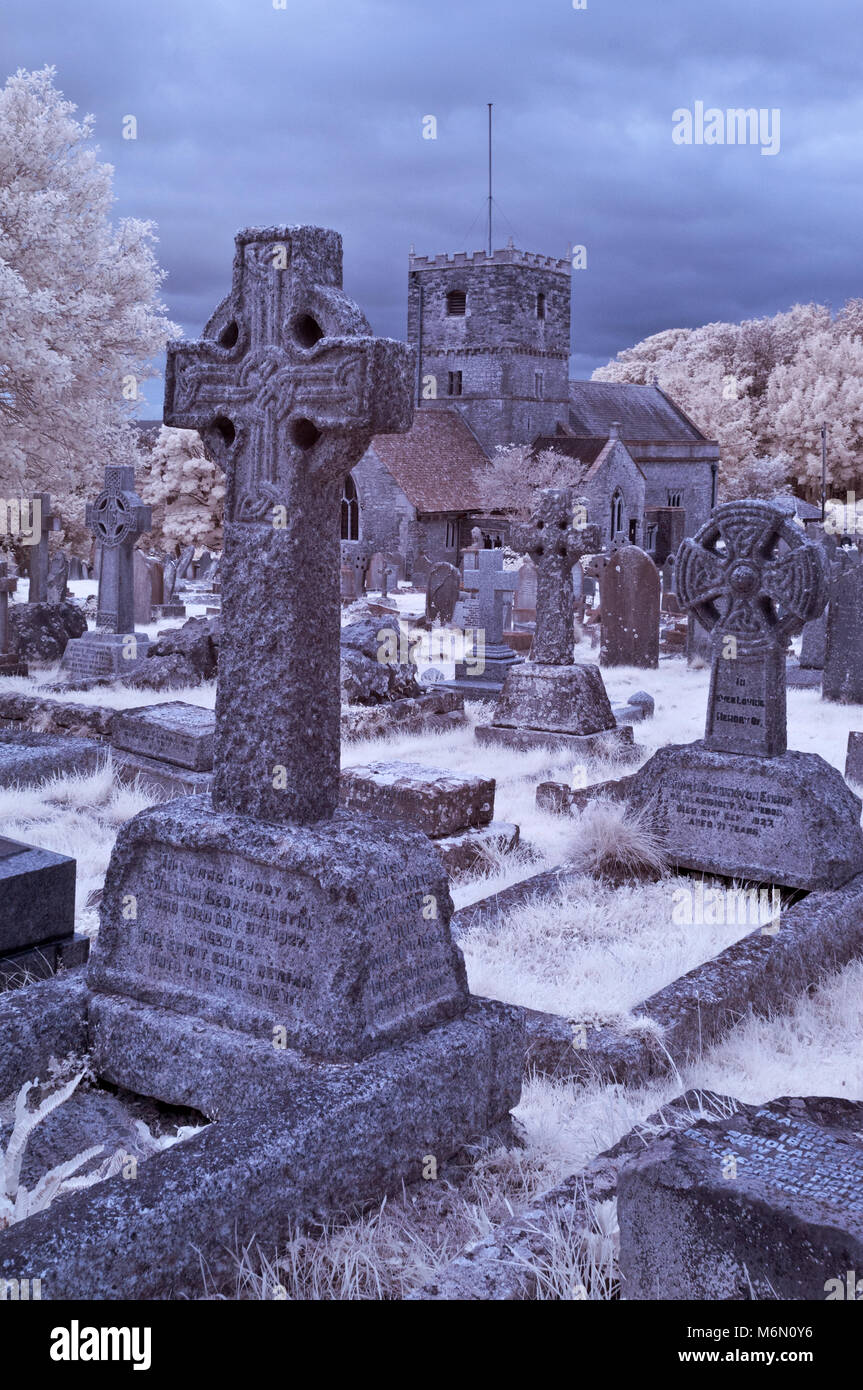 infrared picture of graves and headstones in the churchyard cemetery of ...