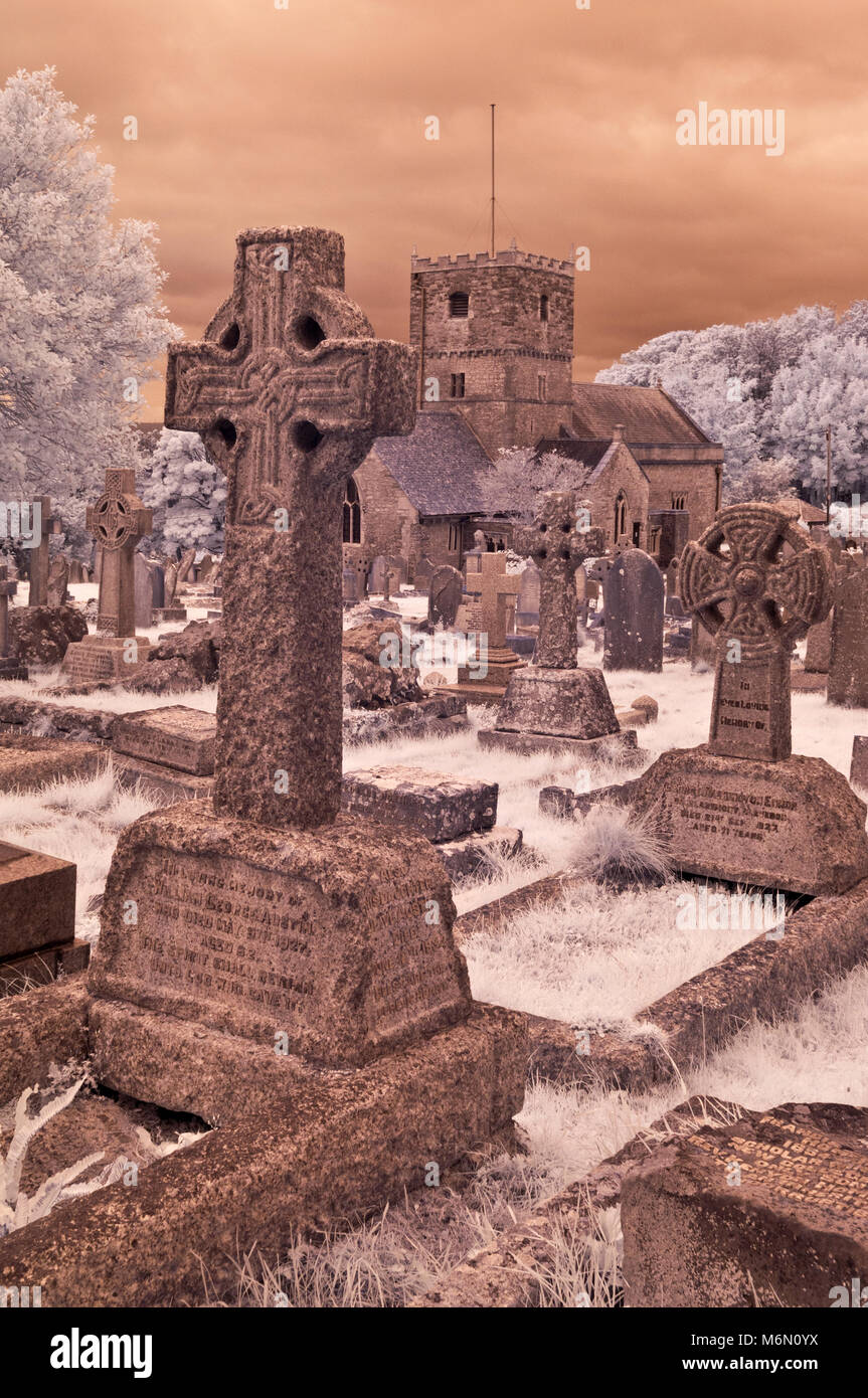 infrared picture of graves and headstones in the churchyard cemetery of ...