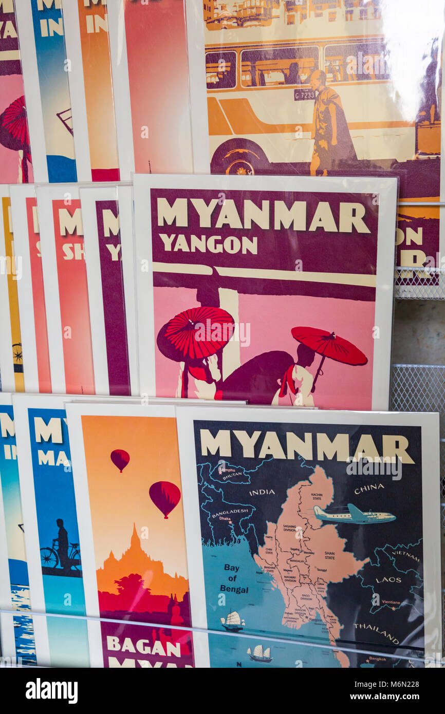 Myanmar posters for sale on market stall at Bogyoke Aung San Market ...