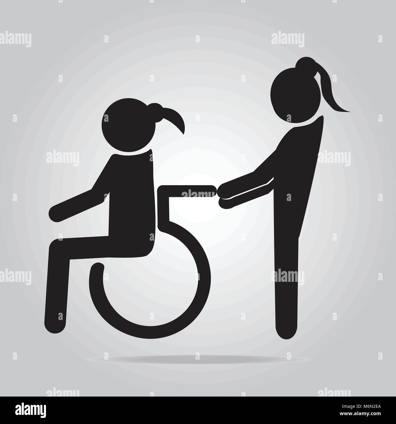 Disabled icon sign, a woman pushing wheelchair of woman patient ...