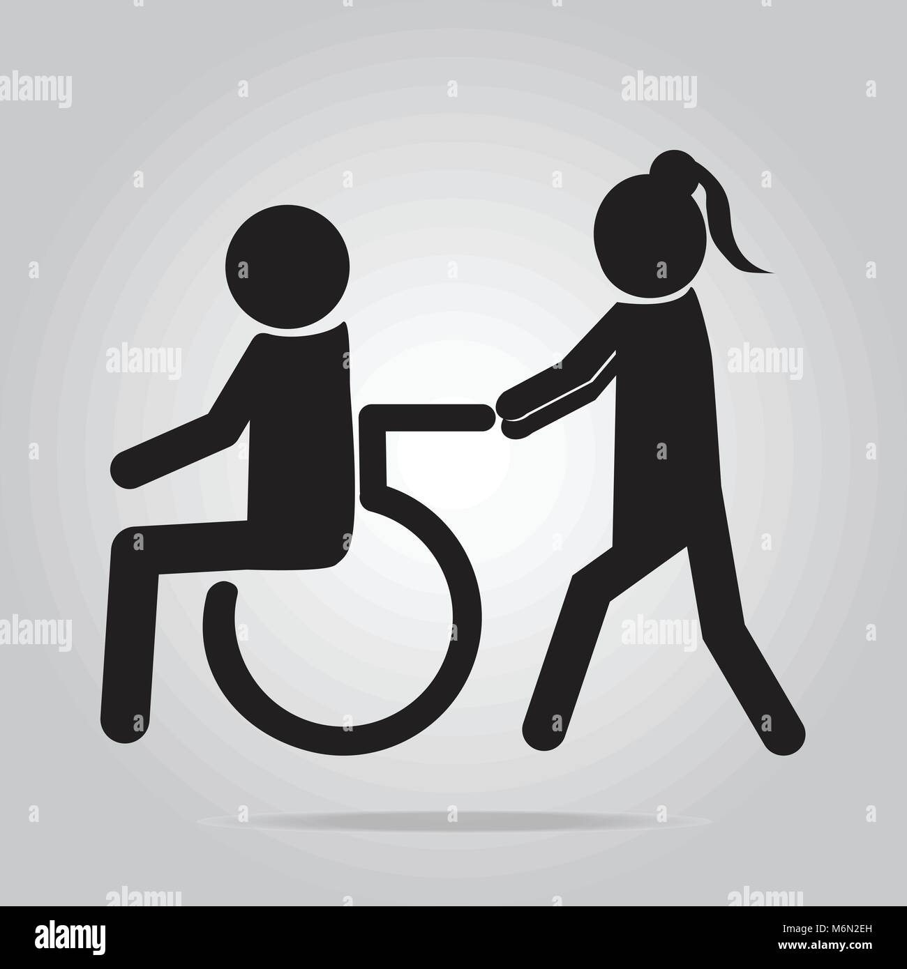 Disabled icon sign, a woman pushing wheelchair of man patient ...