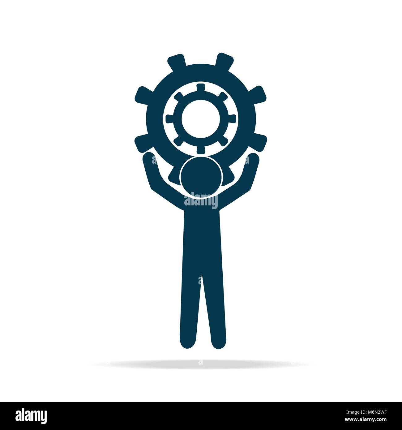 Man hold up gear icon sign blue vector illustration, worker concept ...