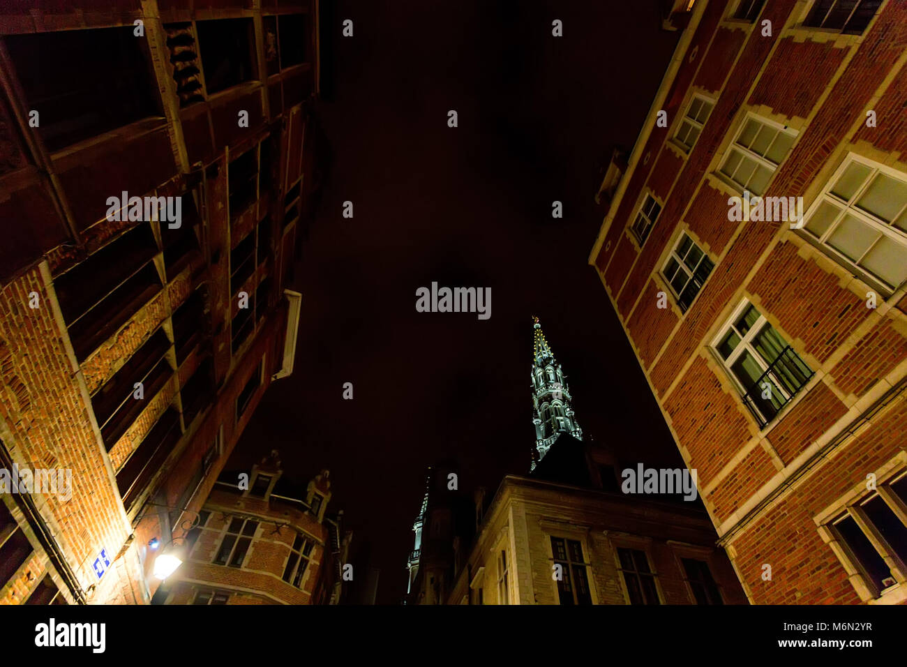 Bottom view buildings of Brussels at night Stock Photo - Alamy