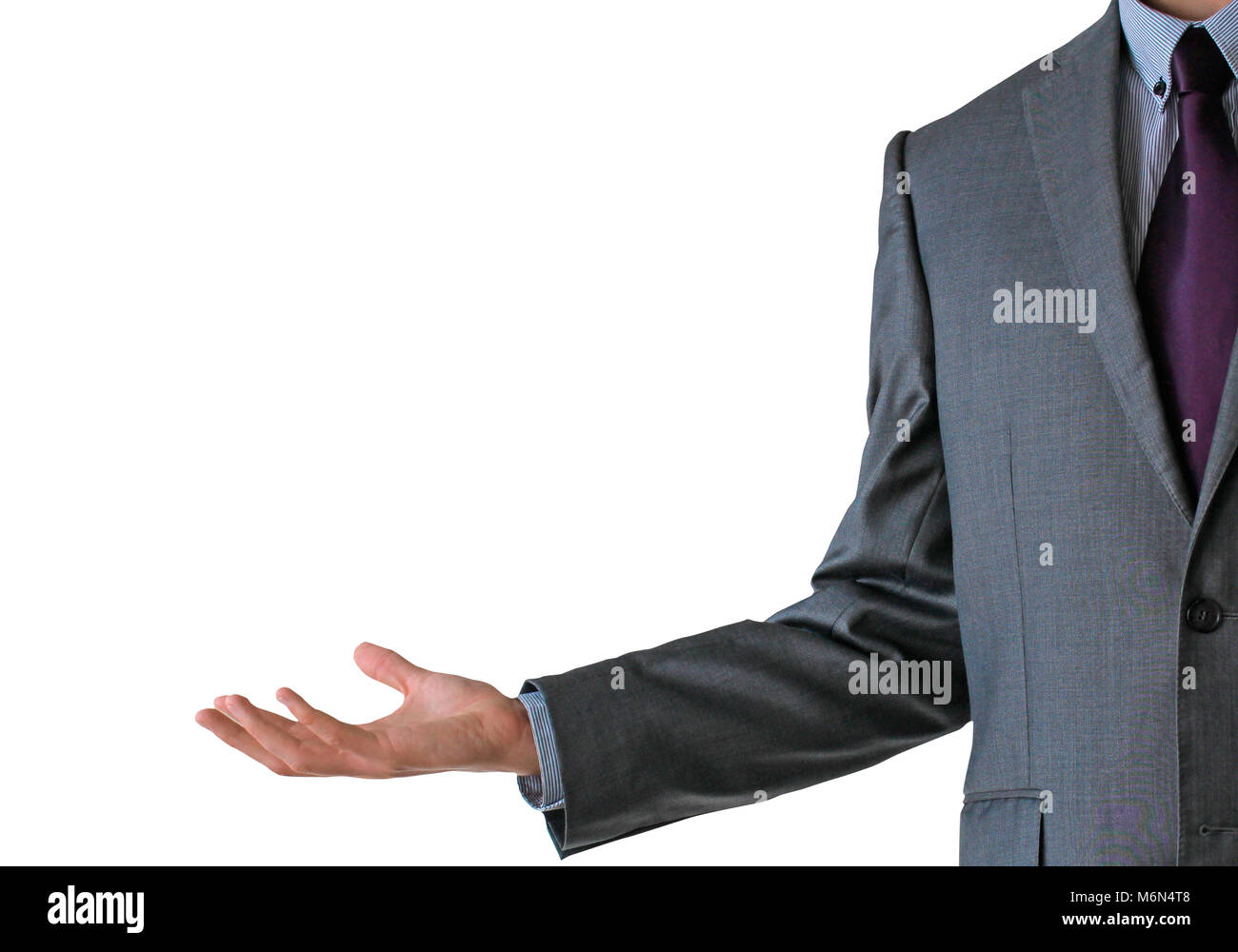 Business man with one open hand isolated on white background Stock ...