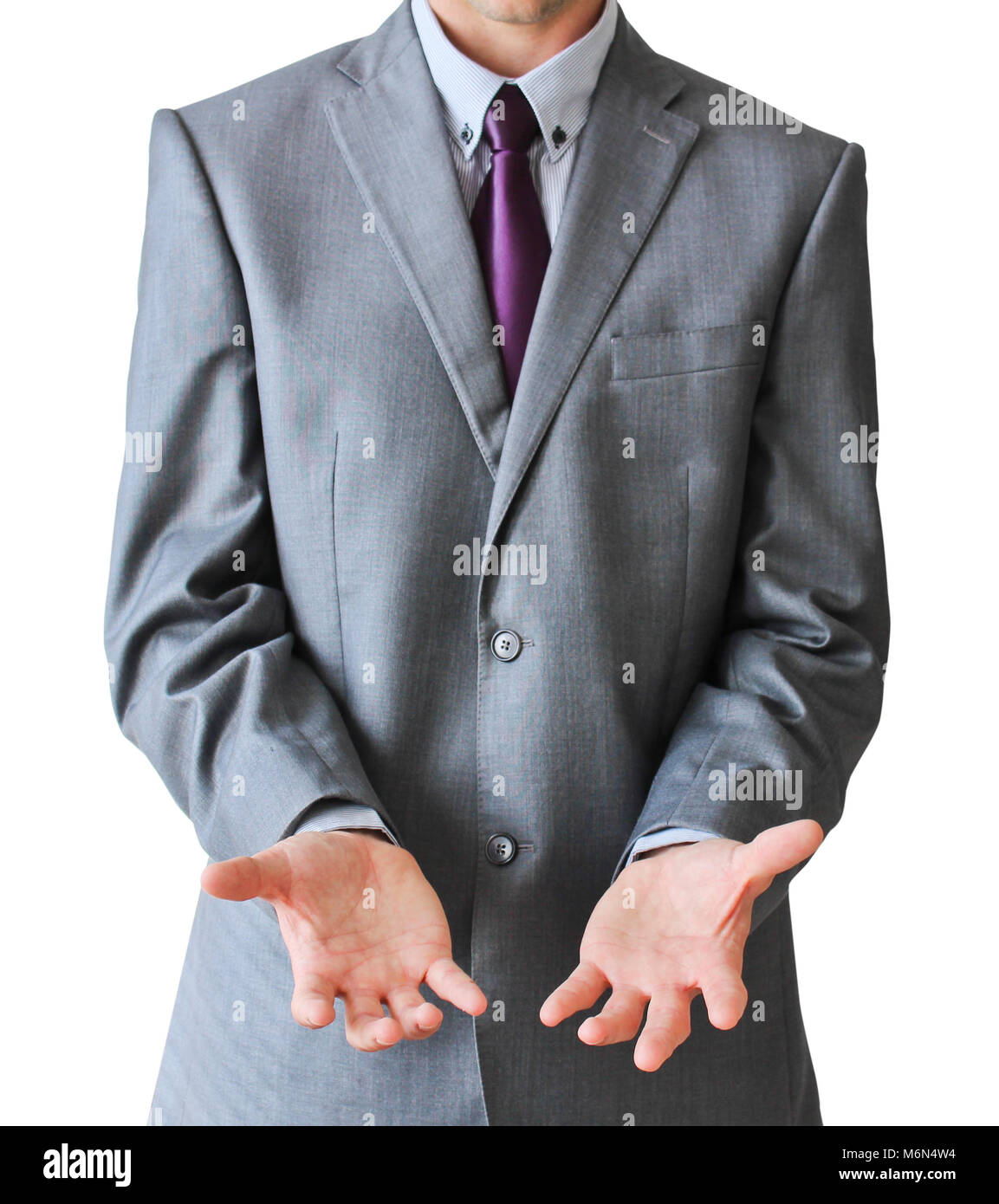 Business man with open hands at bottom, isolated on white background ...