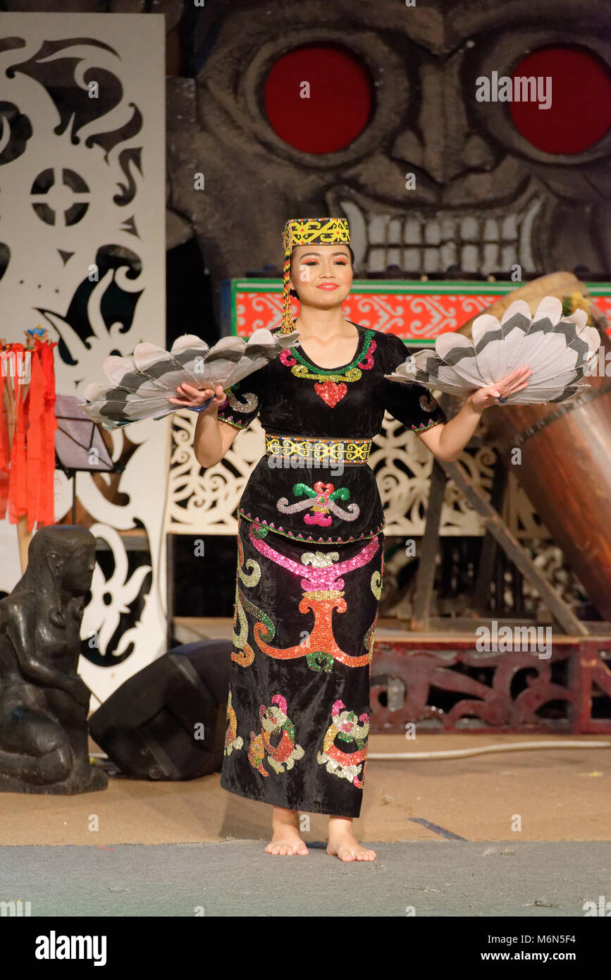 Dancers in traditional native costumes at the Sarawak Cultural Village ...