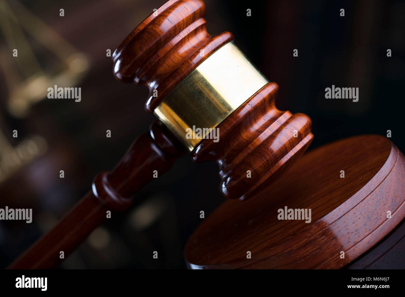Law theme. Court library. Judge’s gavel on book background. Place for ...