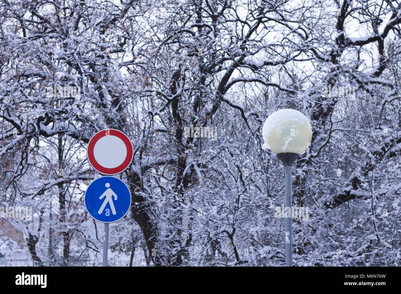 Street signals and street lamp in the snow (Pesaro, Italy Stock Photo ...