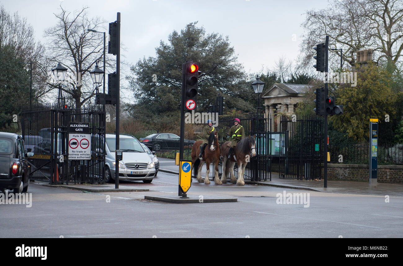 Alexandra Gate, Hyde Park, London, UK. 5 March 2018. Two Drum Horses ...