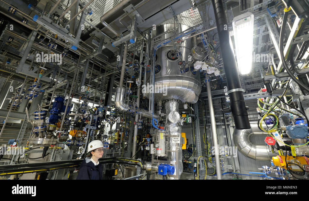 28 February 2018, Germany, Schkopau: An employee of Trinseo stands in a ...