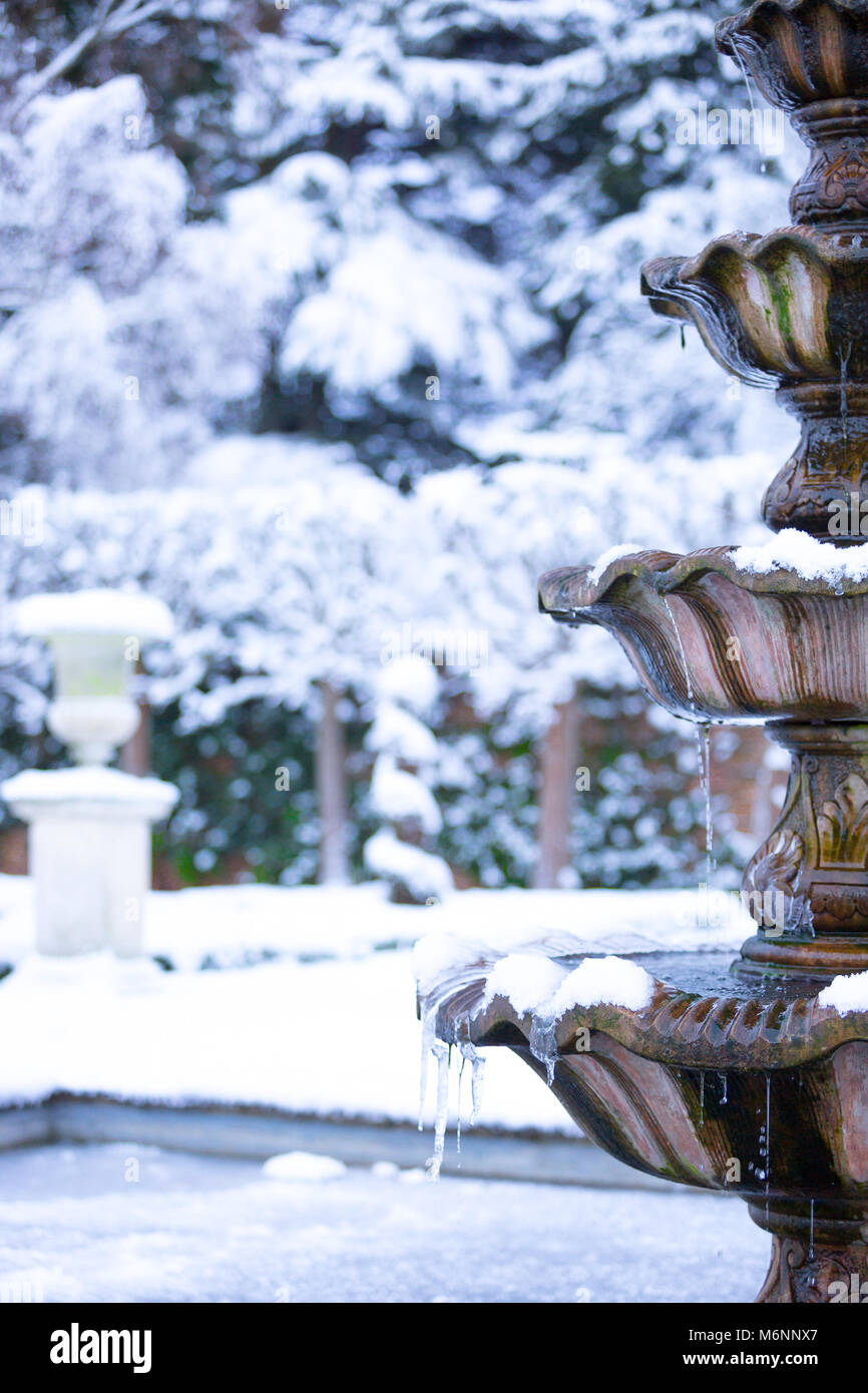 Close up, portrait capture of frozen water fountain isolated outdoors ...