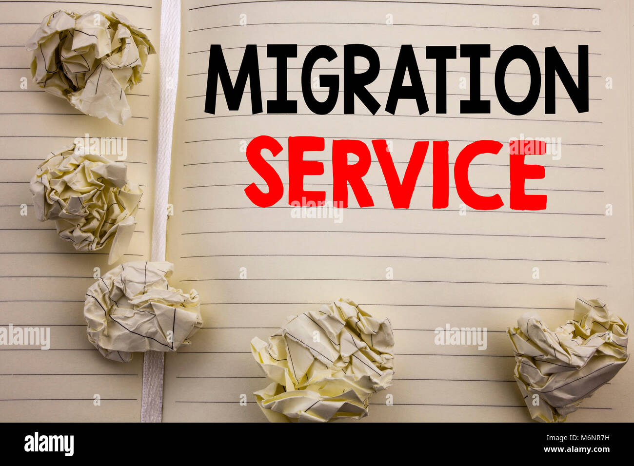 Handwritten text showing Migration Service. Business concept writing ...