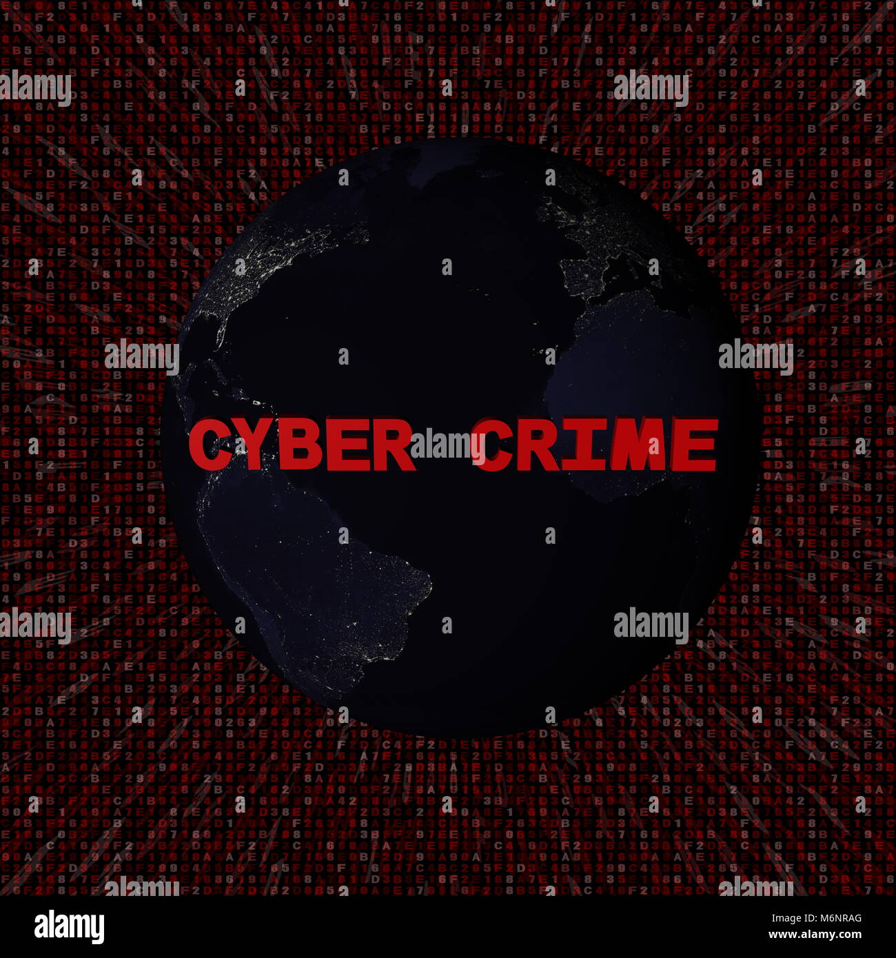 Cyber Crime text with earth by night and red hex code illustration ...