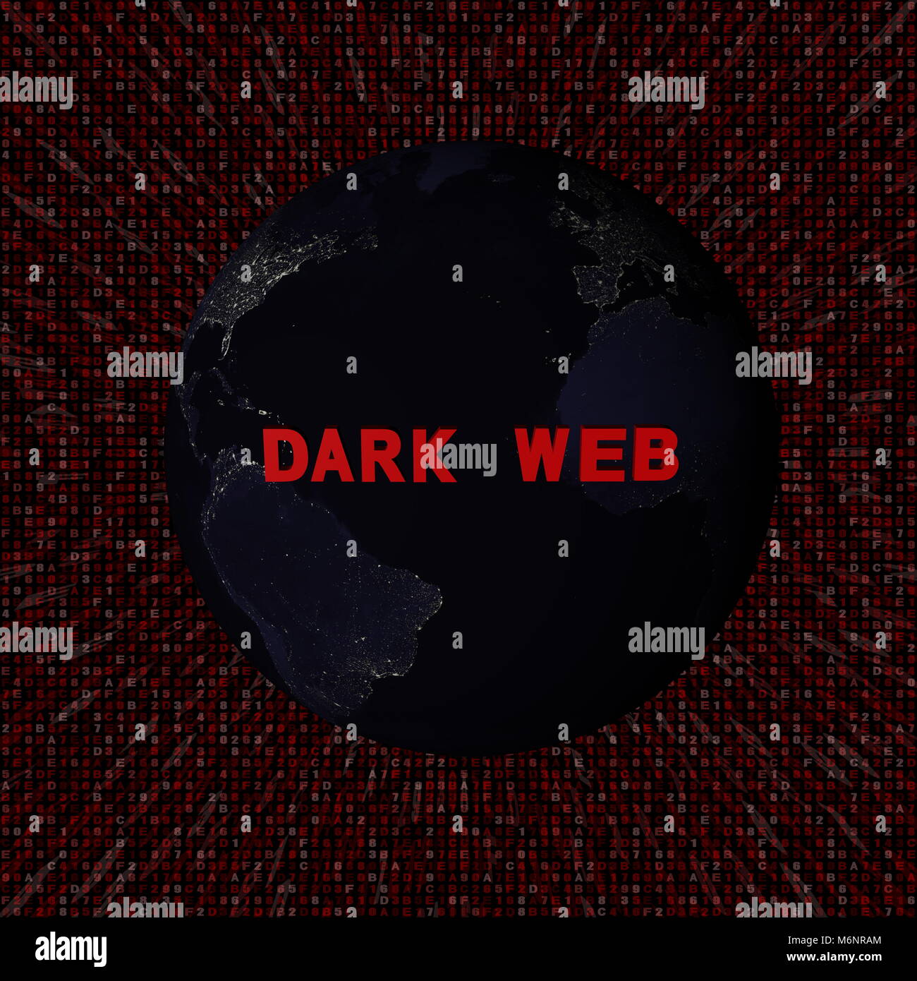 Dark web text with earth by night and red hex code illustration ...