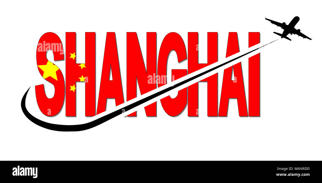 Shanghai flag text with plane silhouette and swoosh illustration Stock ...