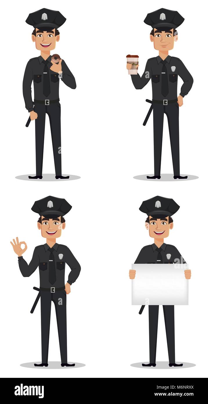 Police officer, policeman. Set of cartoon character cop with cup of ...