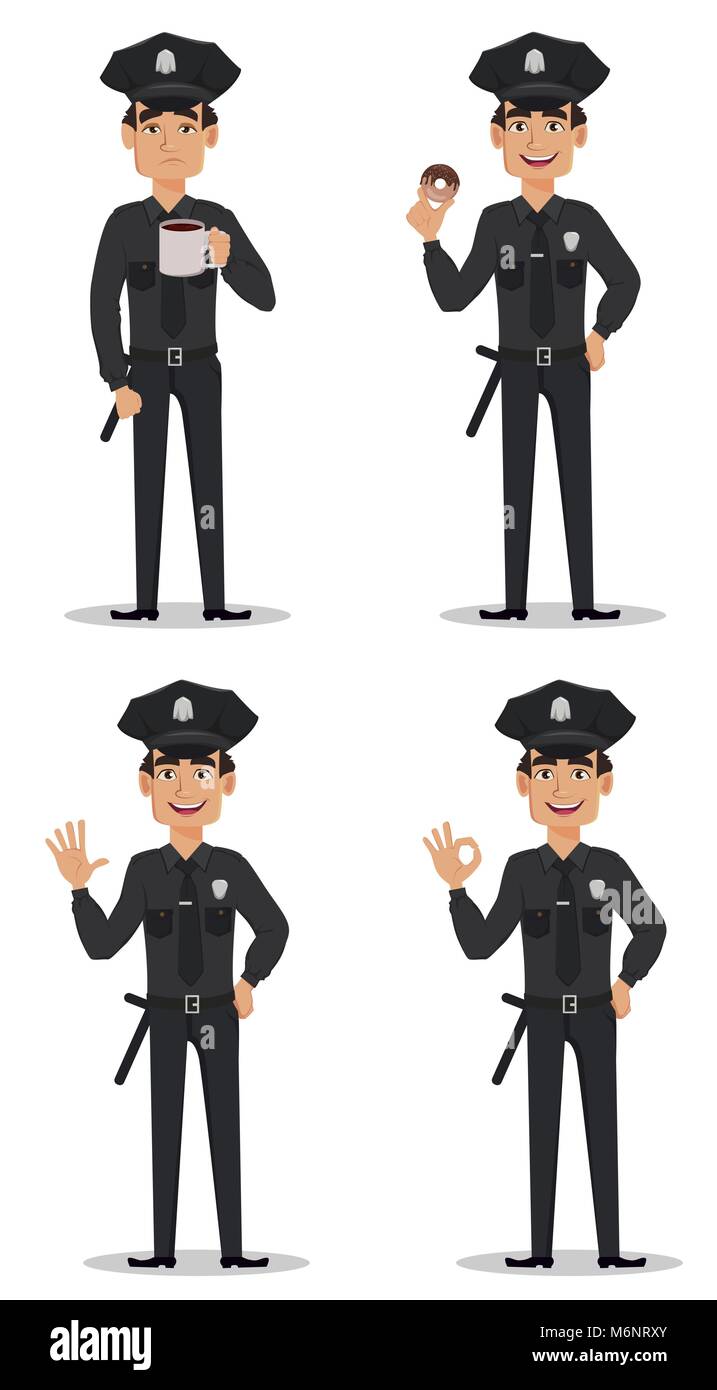 Police officer, policeman. Set of cartoon character cop with cup of hot ...