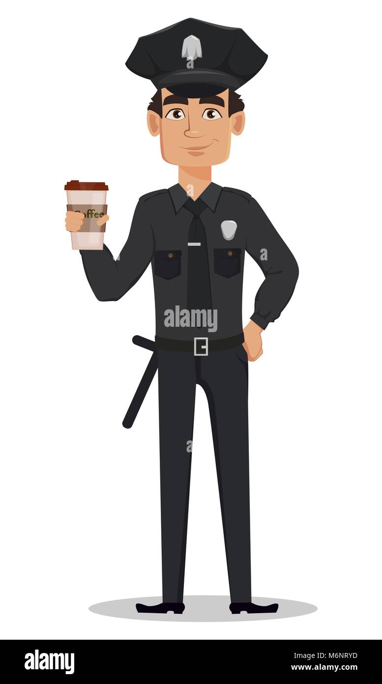 Police officer, policeman with a cup of coffee. Smiling cartoon ...