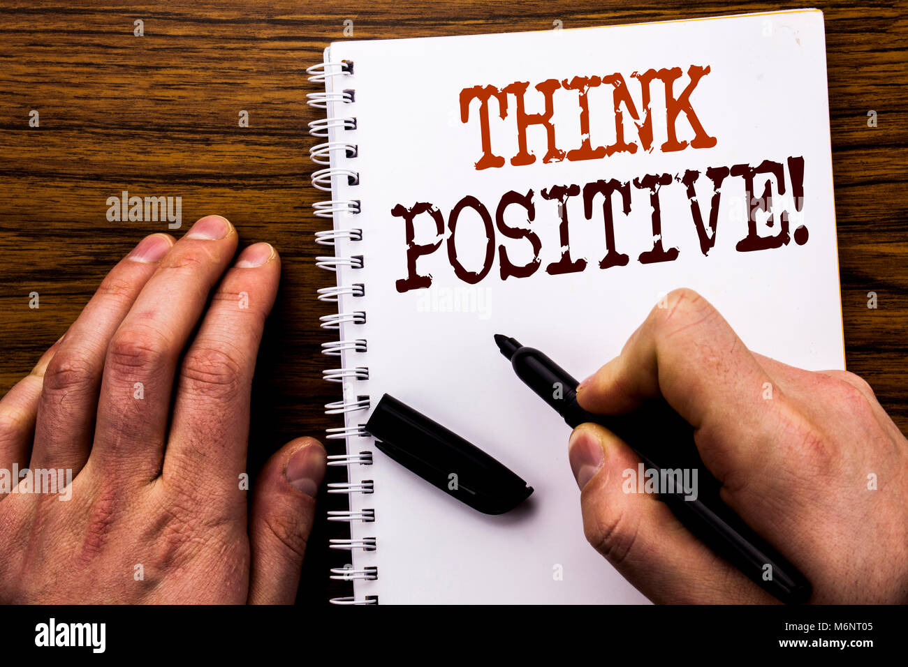 Handwritten text showing word Think Positive. Business concept for ...