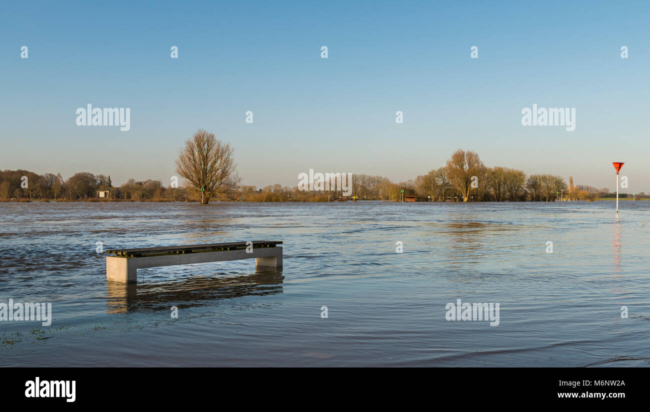 Flood plains at the river IJssel near Bronkhorst in Gelderland with a bench in the water Stock ...