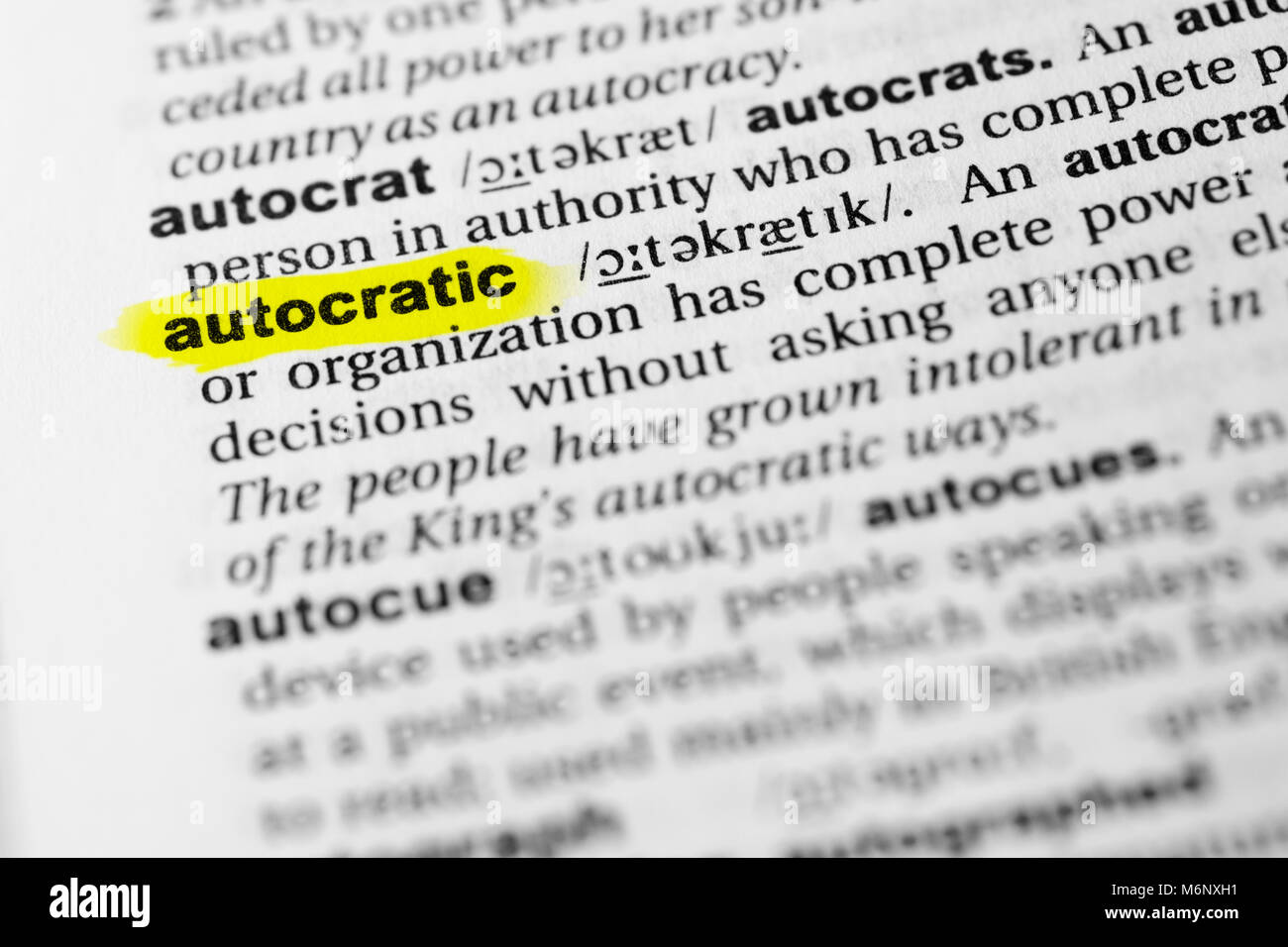 Highlighted English word "autocratic" and its definition in the ...