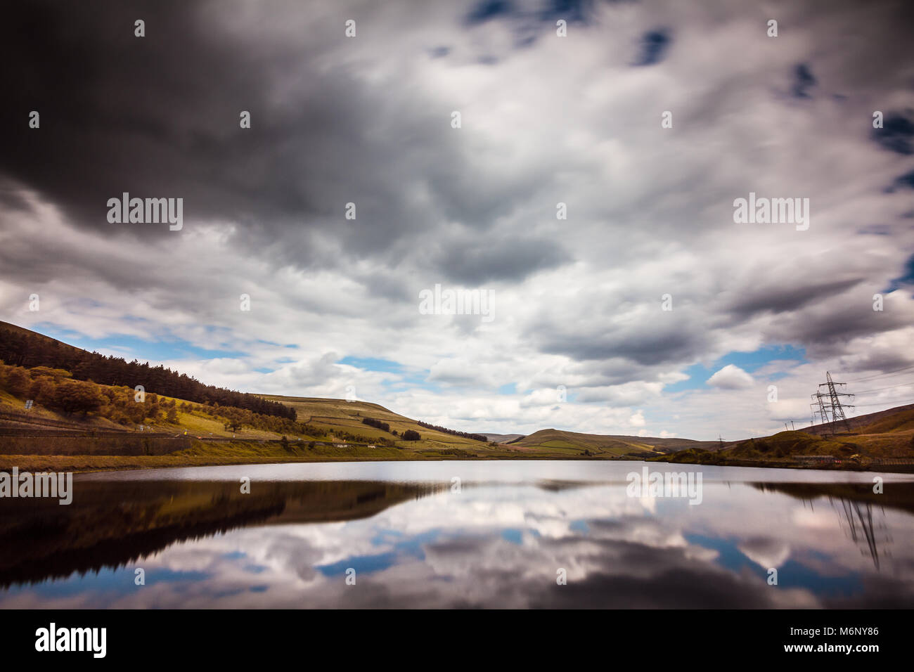 Still, eerie water of reservoir under brooding clouds Stock Photo - Alamy