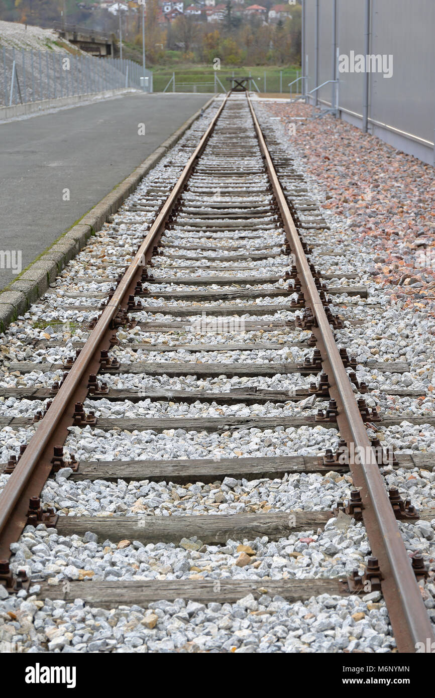 Rail Road Tracks Next to Warehouse Building Stock Photo - Alamy