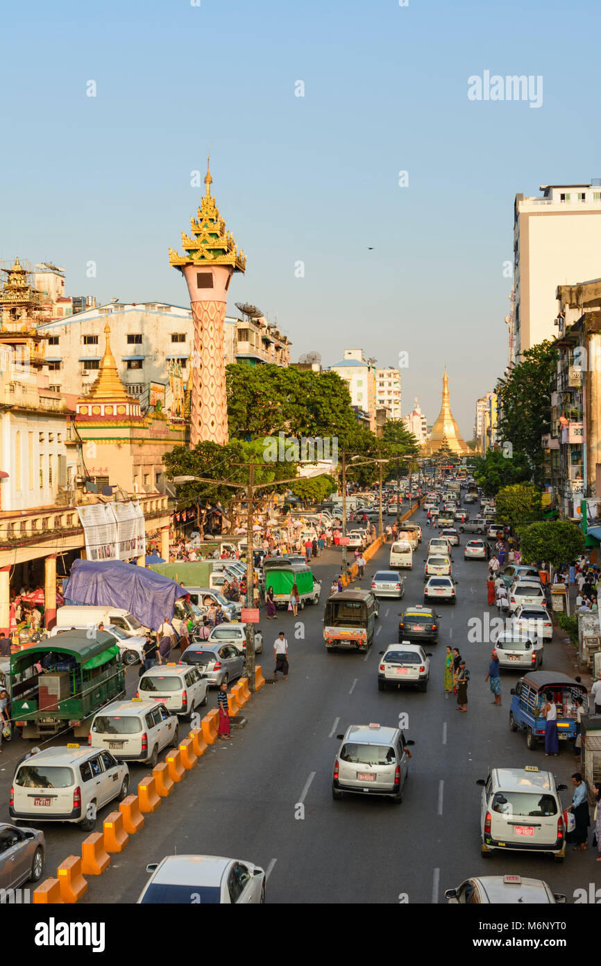 Yangon (Rangoon): Maha Bandoola Road, view to golden Sule Pagoda ...