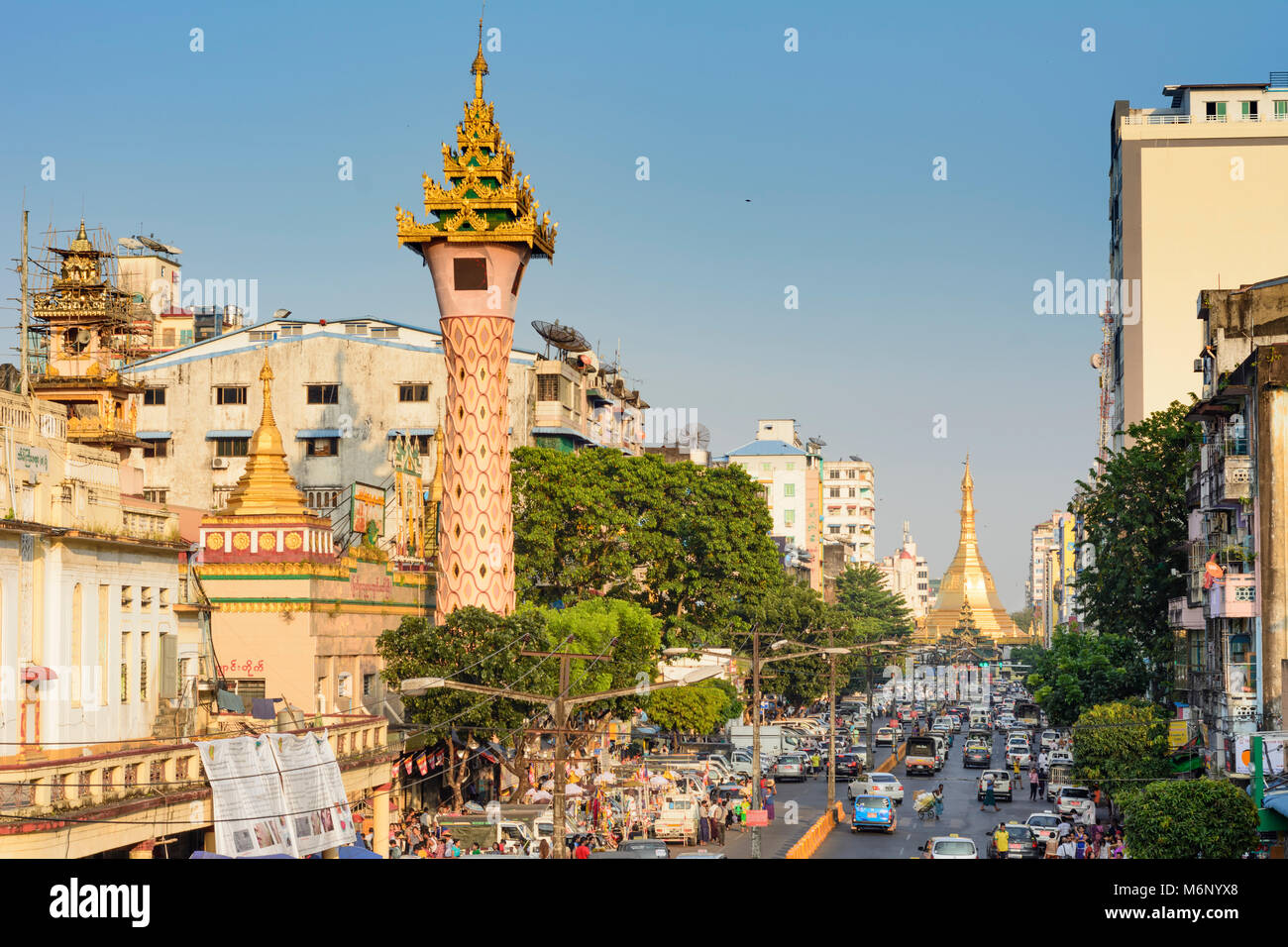 Yangon (Rangoon): Maha Bandoola Road, view to golden Sule Pagoda ...