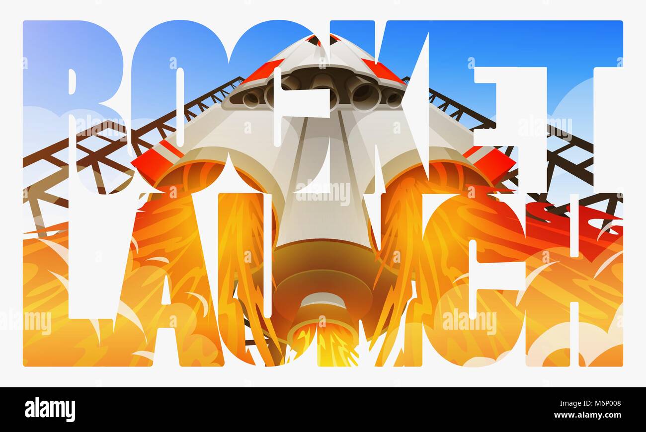 Rocket launch. International spaceship, shuttle in space, bottom view ...