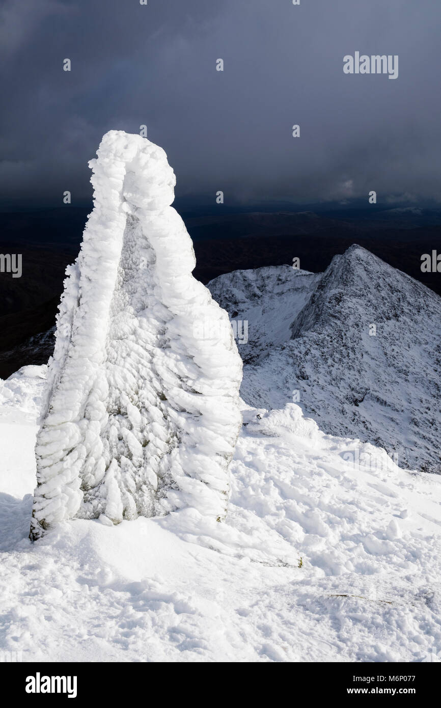 Ice covered marker stone at top of Watkin Path on Snowdon with Y ...
